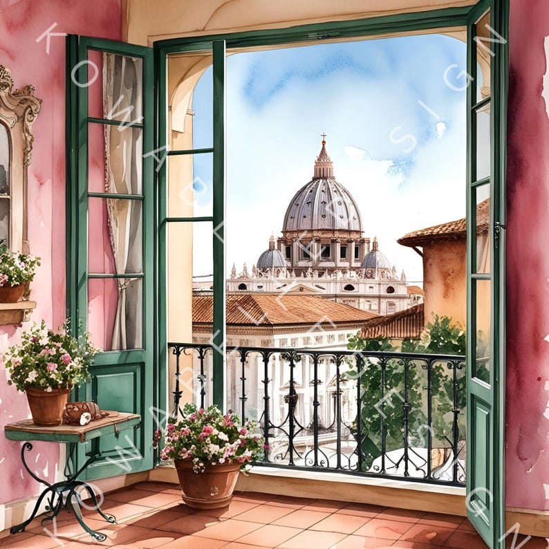 Scenic Rome Balcony View to Vatican City | Rome Watercolor Images 10 ...