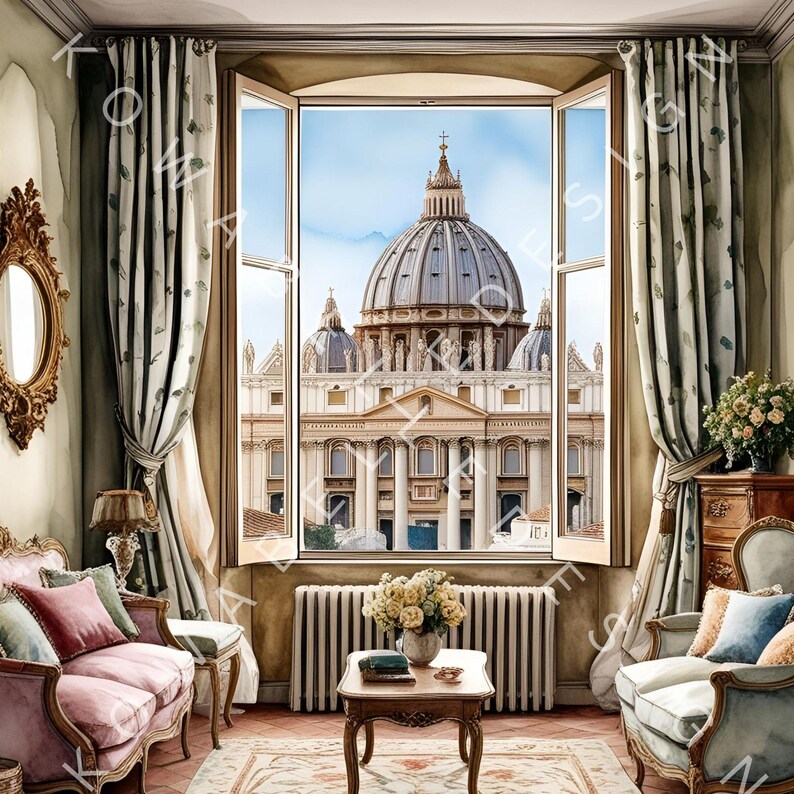 Scenic Rome Balcony View to Vatican City | Rome Watercolor Images 10 ...
