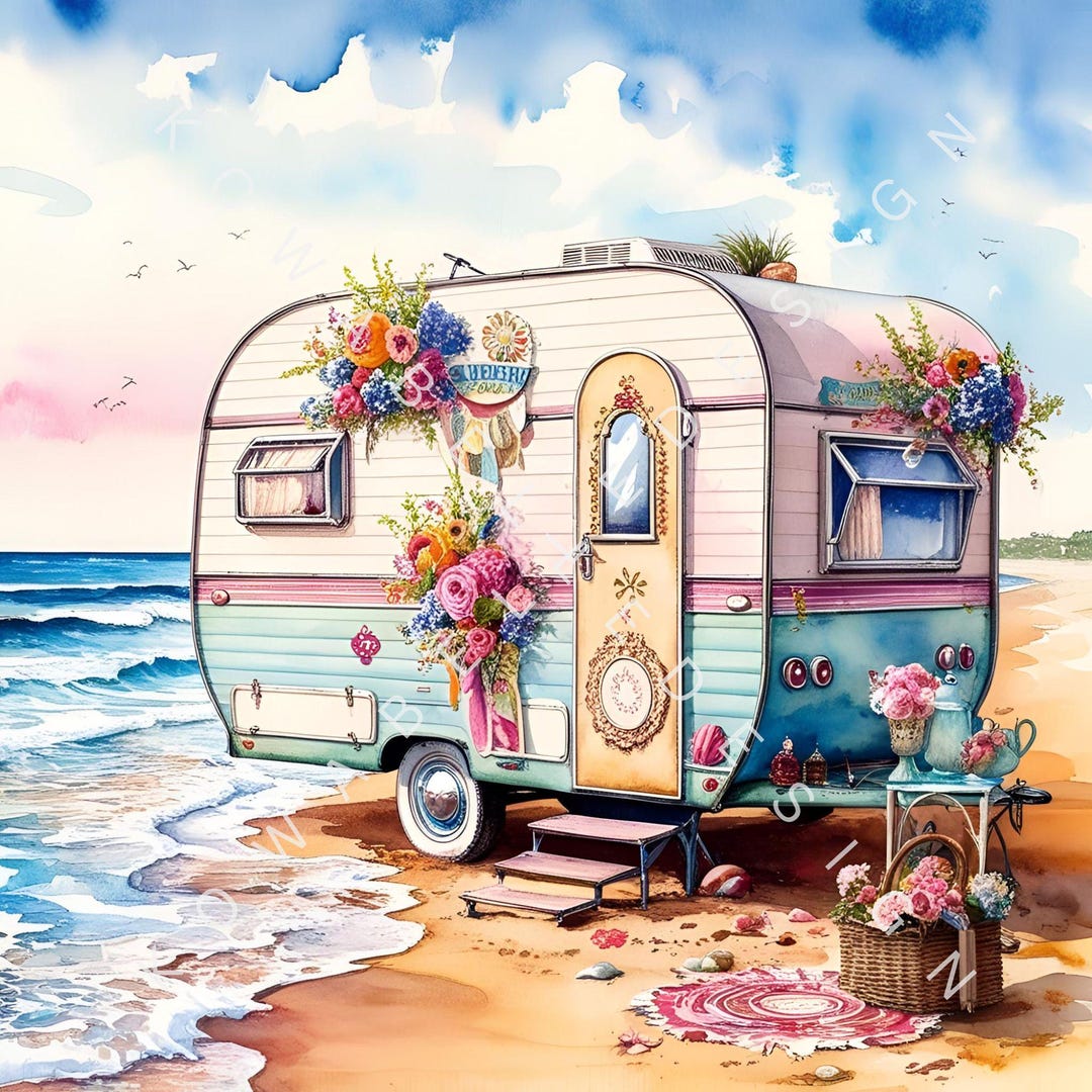 Lovely Caravan Printable Images Watercolor 10 Jpgs High Res | Instant ...