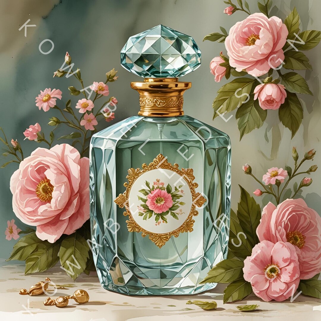 Vintage Perfum - Perfume Label - Powder Puff 10 Jpgs Watercolor ...