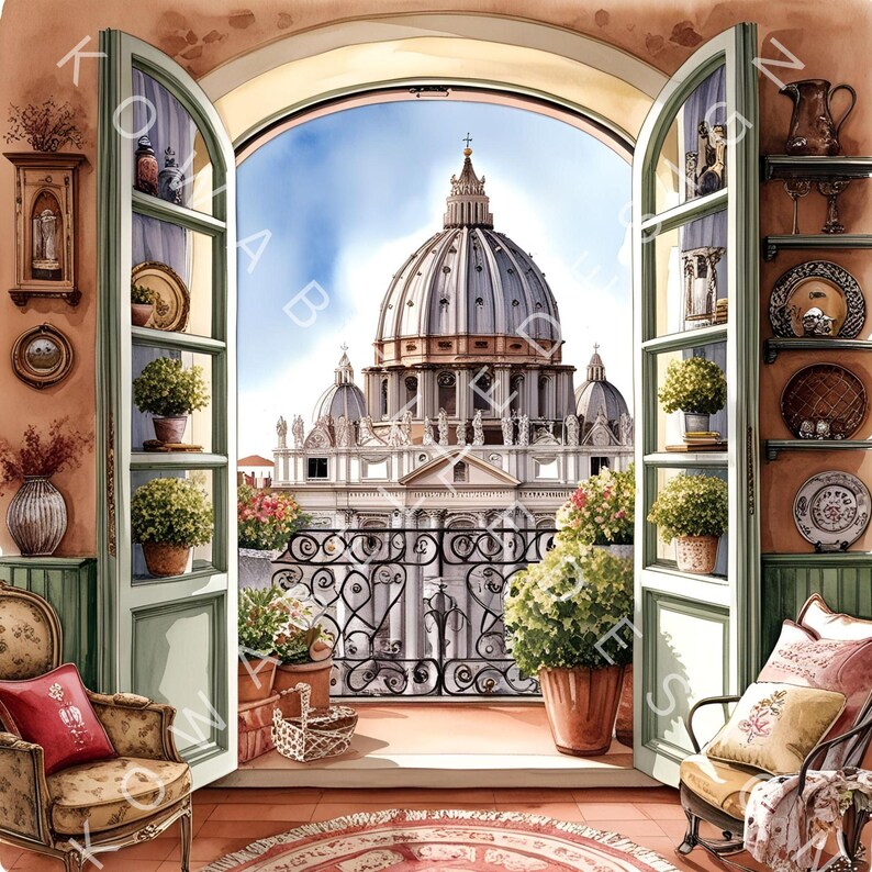 Scenic Rome Balcony View to Vatican City | Rome Watercolor Images 10 ...