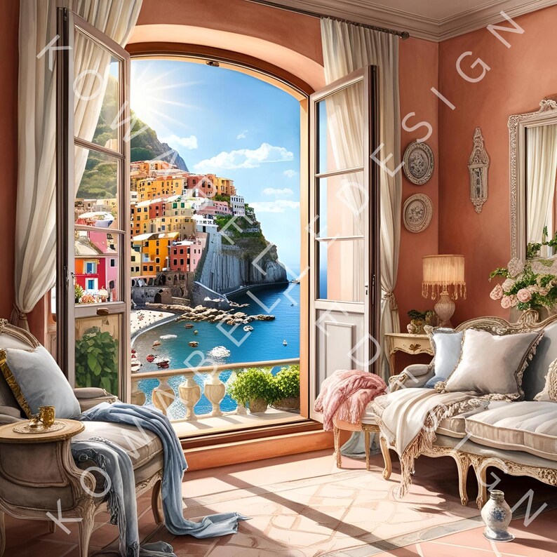 Romantic Italian Balcony, View to Amalfi Coast 10 Jpgs Watercolor ...
