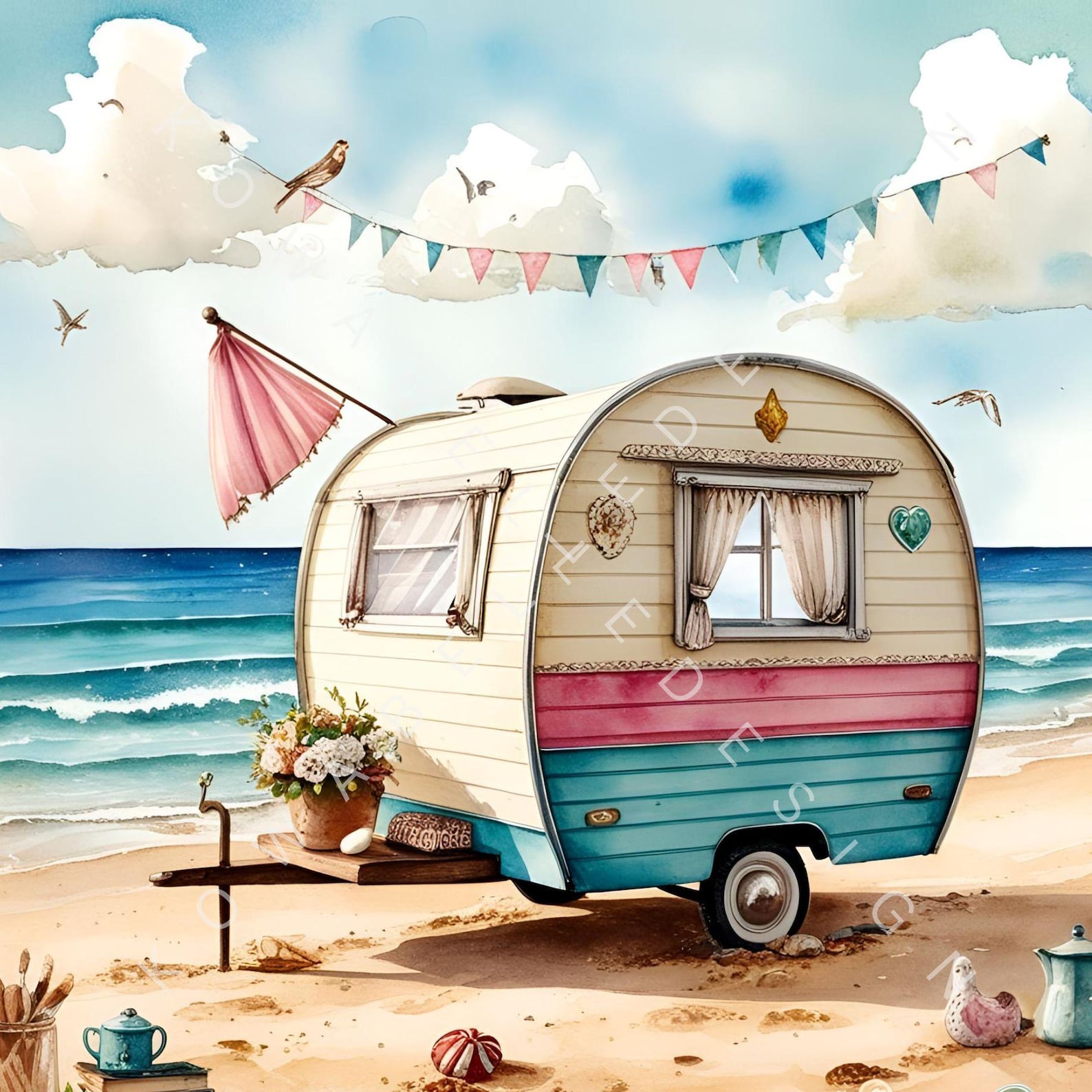 Lovely Caravan Printable Images Watercolor 10 Jpgs High Res | Instant ...