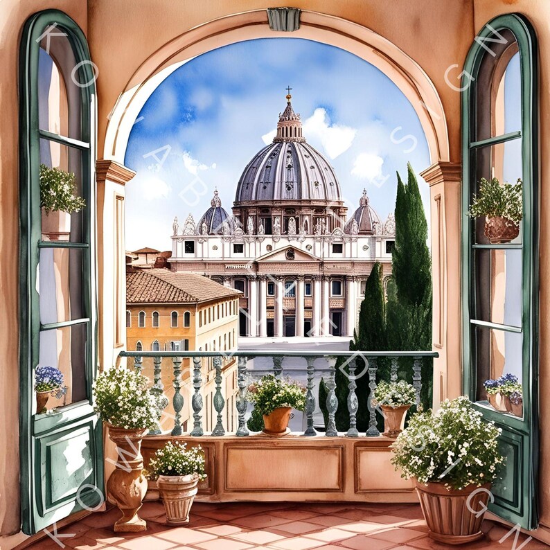 Scenic Rome Balcony View to Vatican City | Rome Watercolor Images 10 ...