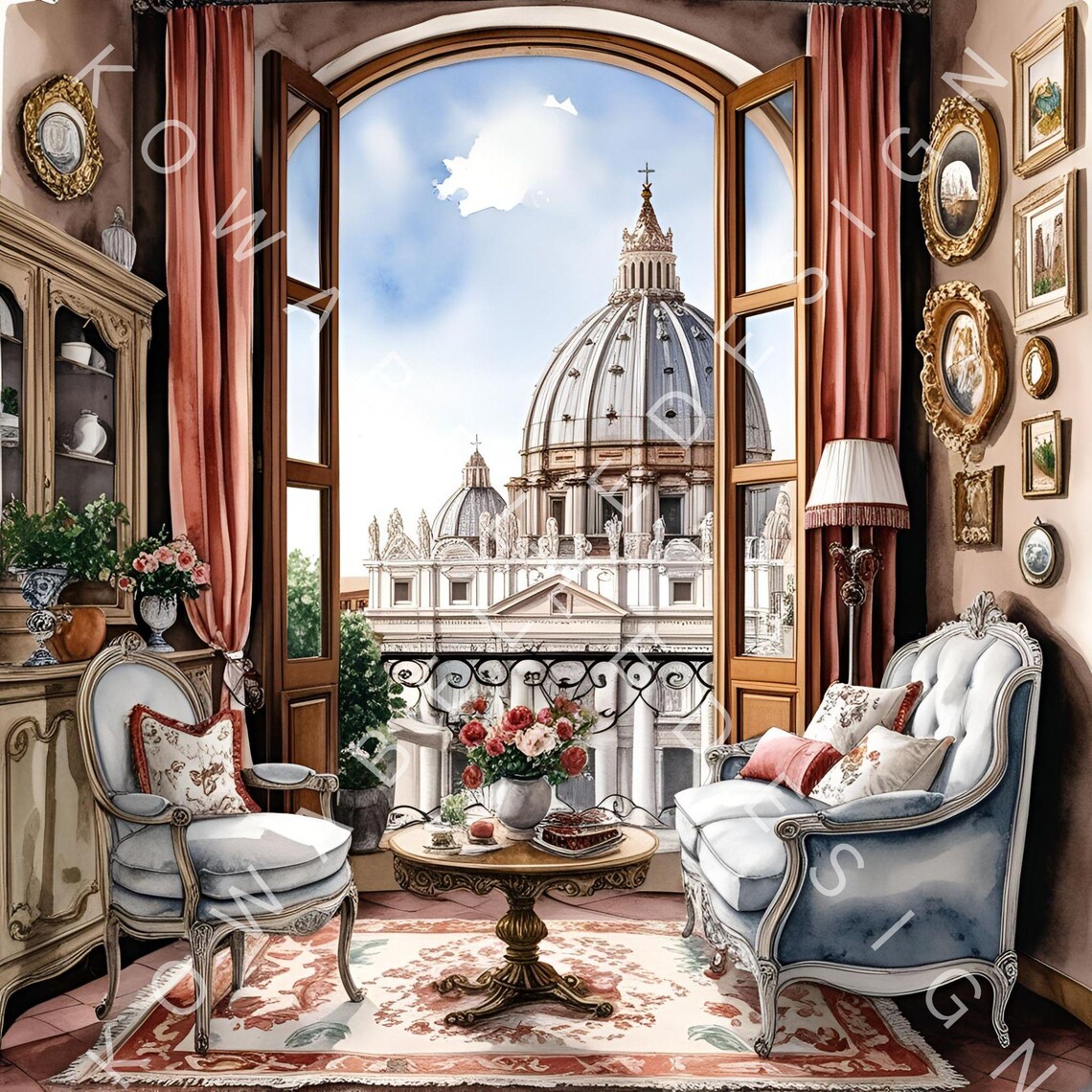 Scenic Rome Balcony View to Vatican City | Rome Watercolor Images 10 ...