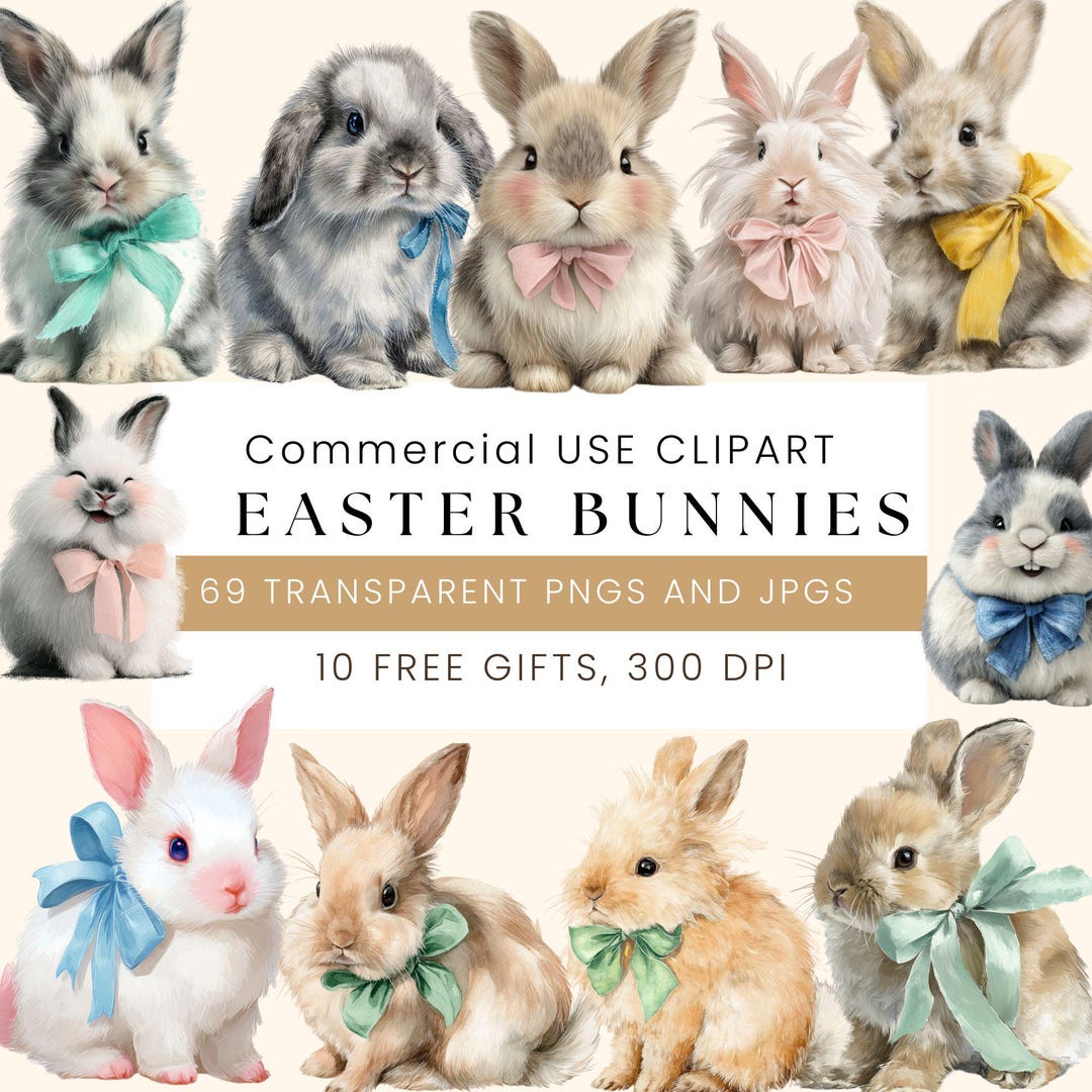 Easter Bunnies Clipart | Cute Rabbits With Bows PNG Bundle | 69+ High ...