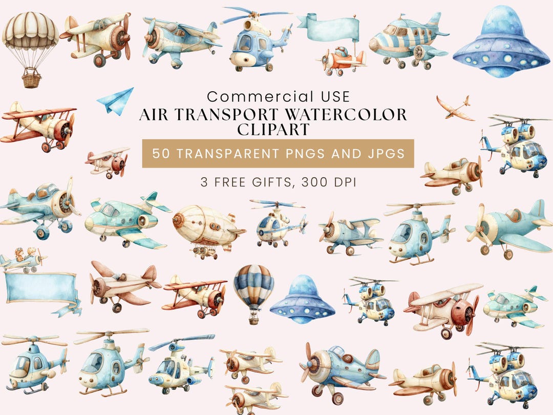 Air Transport Watercolor Clipart | Airplane, Helicopter, Hot Air ...