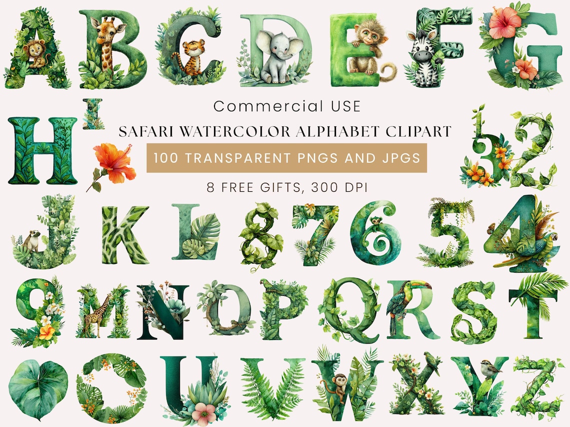 Safari Watercolor Alphabet Clipart | Jungle Letters 100+PNG and JPG ...