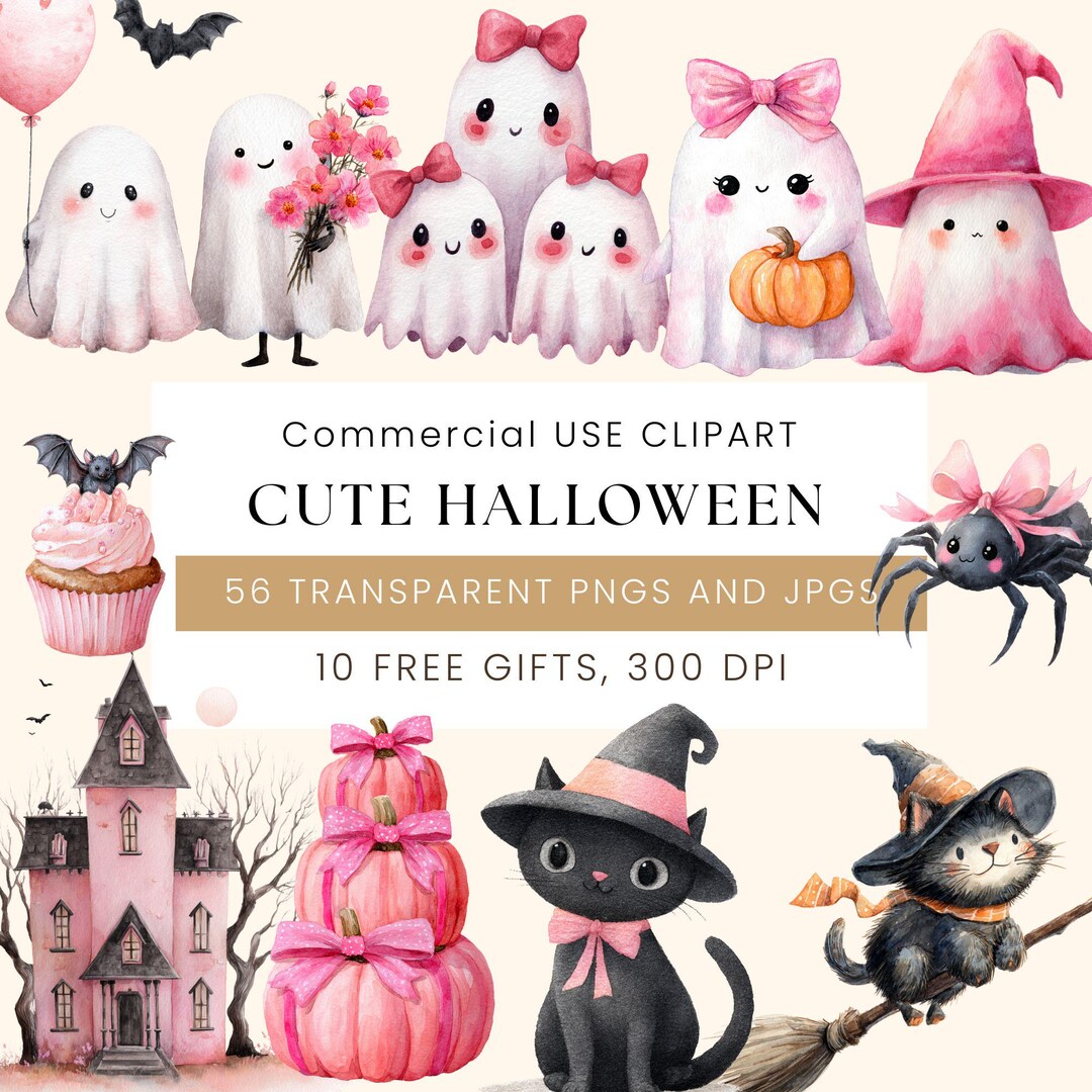 Cute Halloween Clipart | Ghosts, Pumpkins, Candy & Witch 56+PNG Bundle ...
