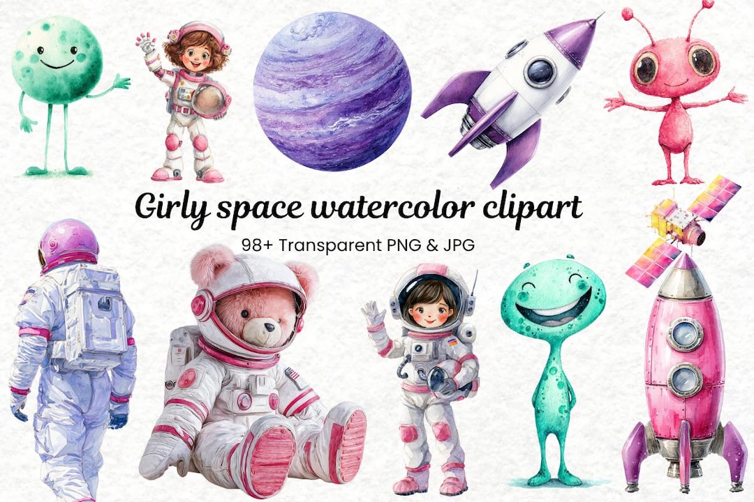 Girly Space Watercolor Clipart | Cute Girl Astronaut 98+PNG | Planets ...