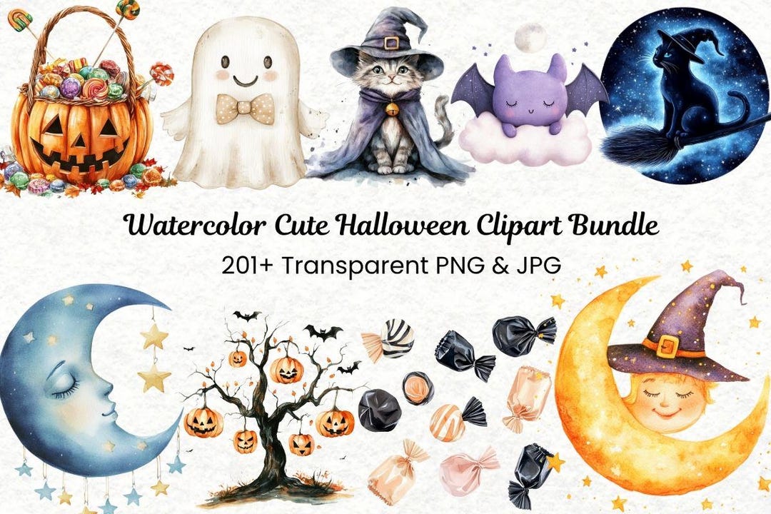 201 Watercolor Cute Halloween Clipart Bundle | Neutral Pastel Spooky ...