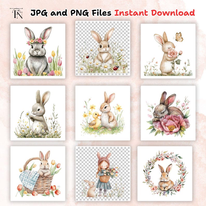 Spring Bunnies Watercolor Clipart | Cute Floral Bunny PNG, Frames ...