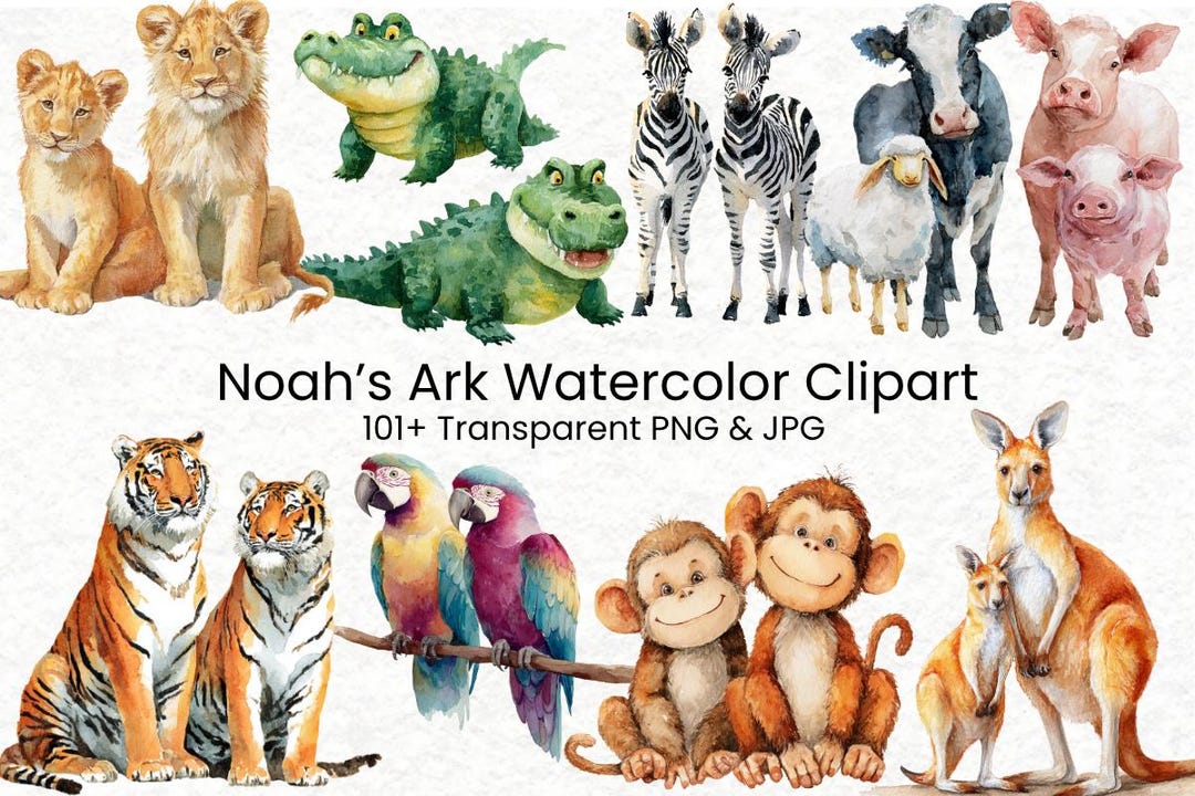 Noah’s Ark Watercolor Clipart | Cute Bible Animals PNG | Christian ...