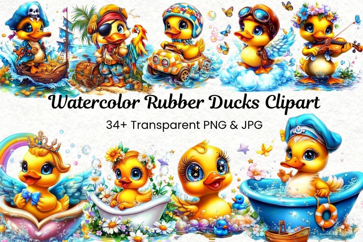 Watercolor Rubber Ducks Clipart Bundle | 34 PNG Colorful Bath Duck ...