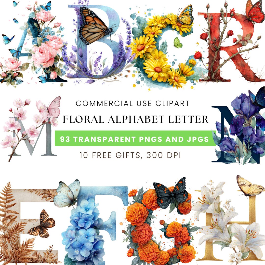 Floral Alphabet Letter Clipart Bundle | Watercolor Flower Letters 93 ...