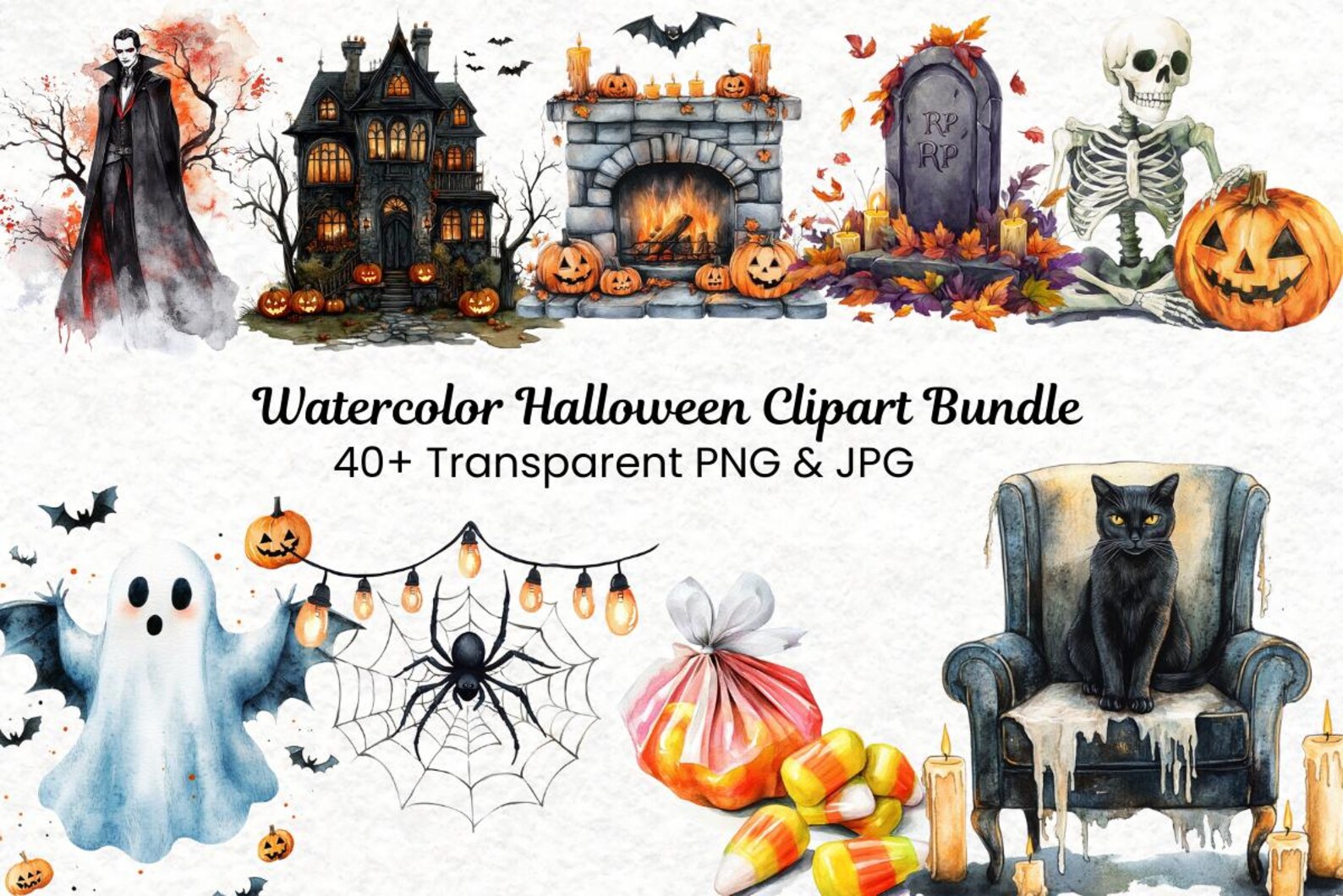 Watercolor Halloween Clipart Bundle | Spooky Season Clip Art | Black ...