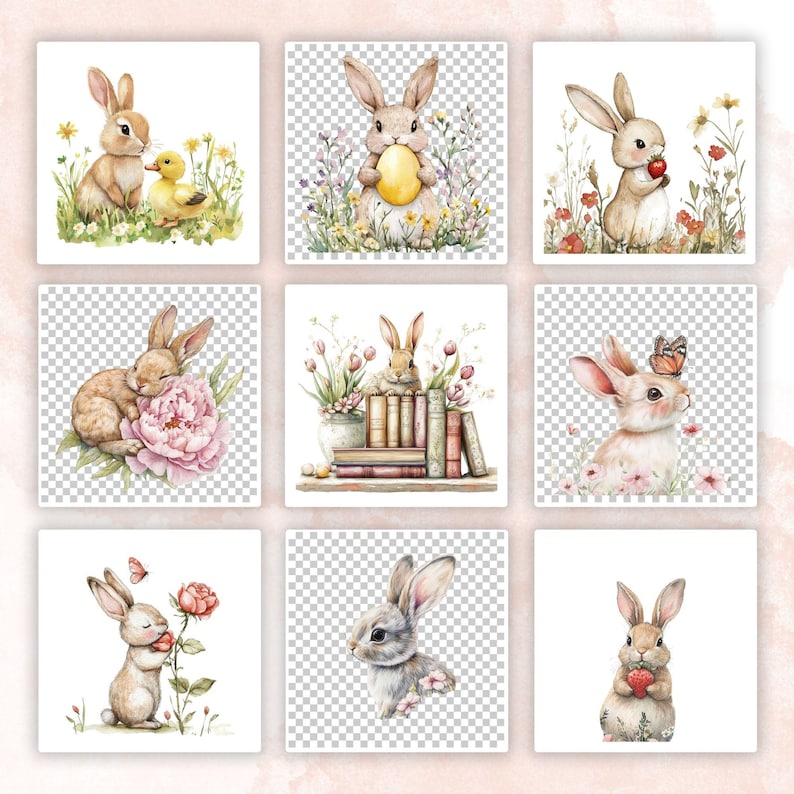 Spring Bunnies Watercolor Clipart | Cute Floral Bunny PNG, Frames ...