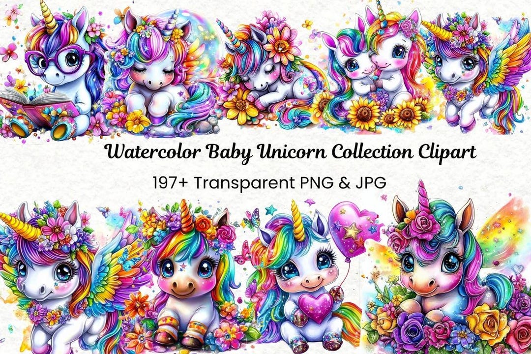 Watercolor Baby Unicorn Clipart Collection | 197 PNG Rainbow & Magic ...