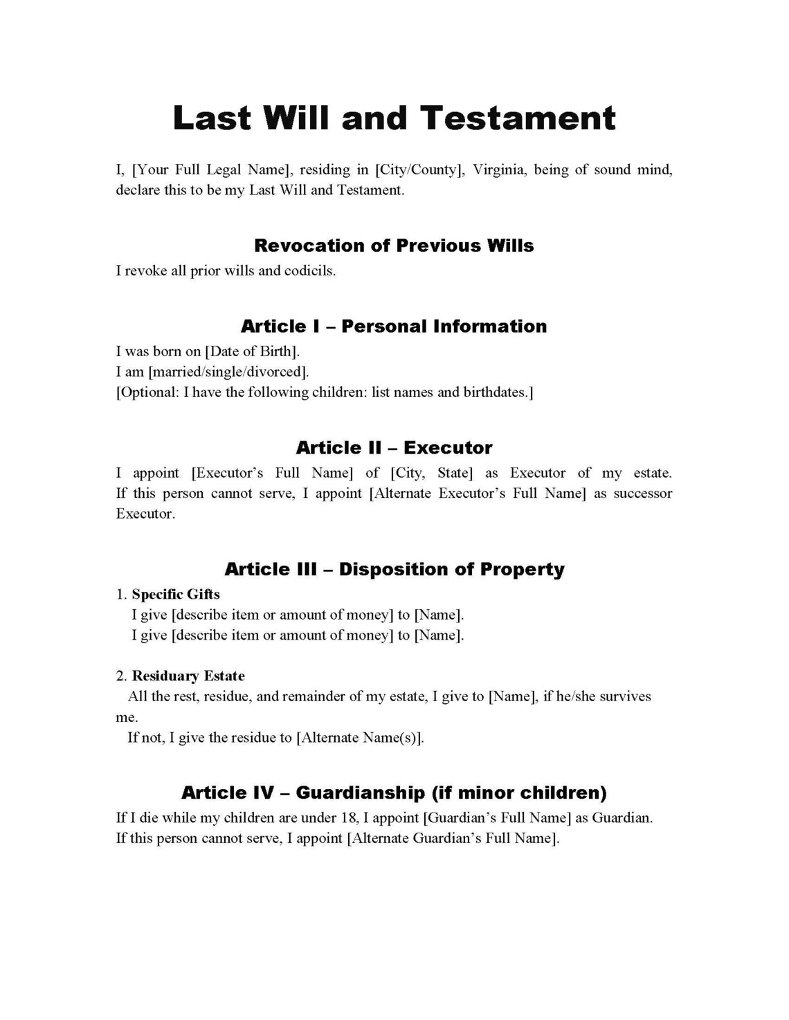 Virginia Will & Advance Directive Template Bundle - Last Will, Self ...