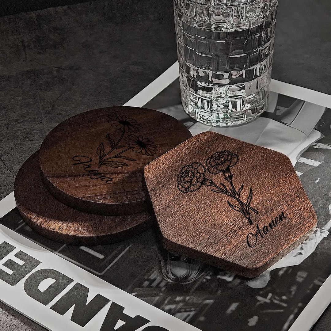 Personalized Solid Wood Birth Flower Coasters, Wine Glass Accessories ...