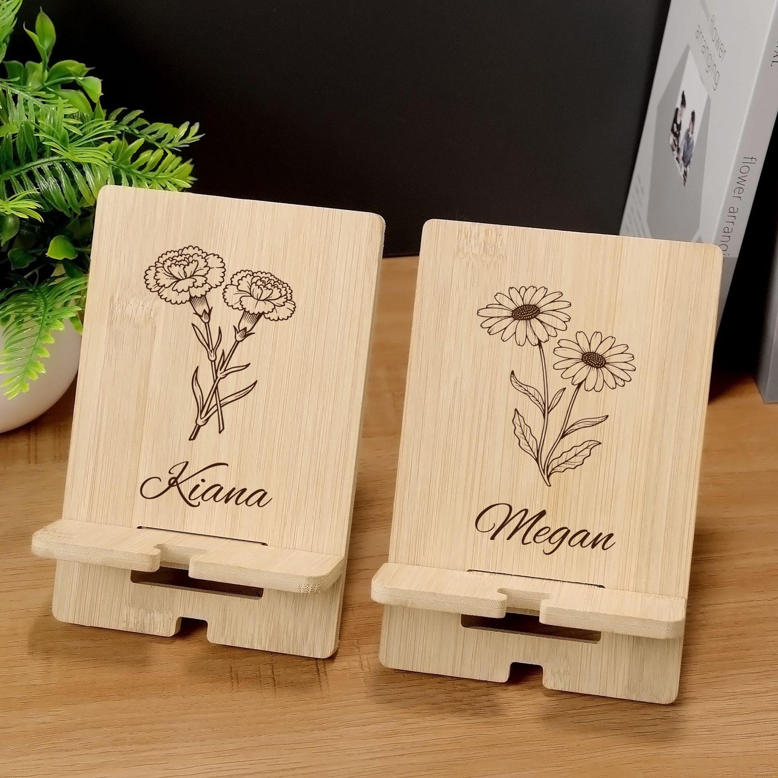Personalized Wooden Phone Stand, Engraved Bamboo Desk Organizer - Etsy