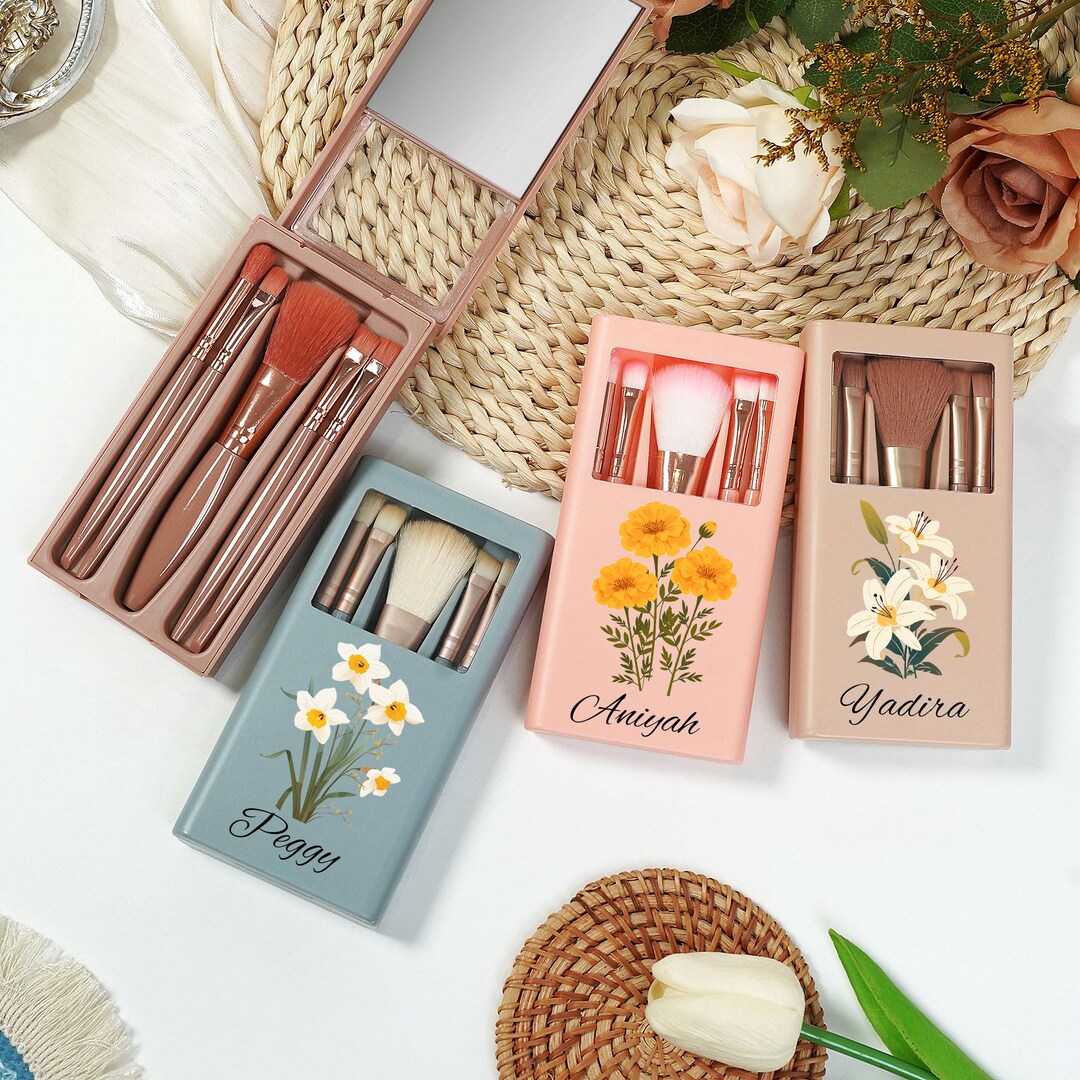 Personalized Birth Flower Makeup Brush Box: Engraved Gift Set - Etsy