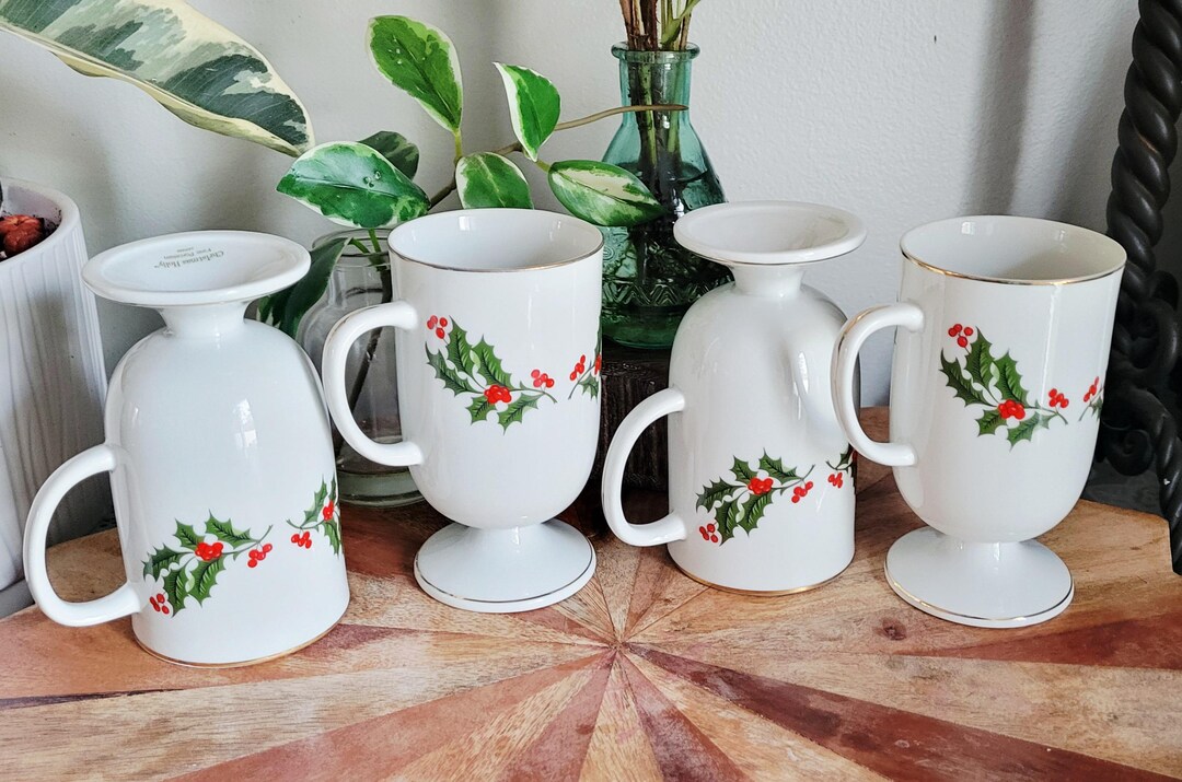 Vintage Christmas Holly Fine Porcelain Stemmed Mugs Set of (4) - Etsy
