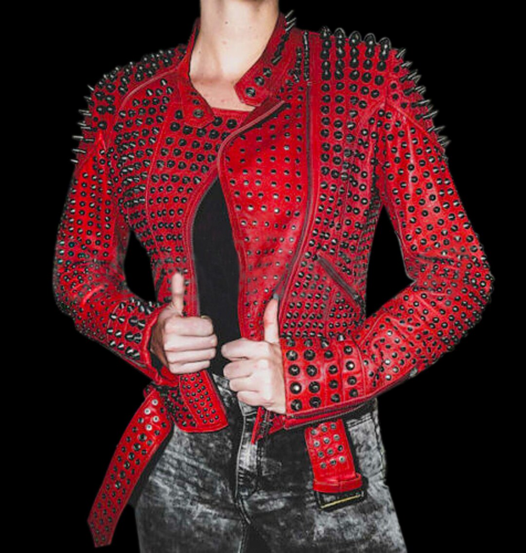 Stylish Red Color Studded Calf Leather Bikers Jacket for Women - Etsy