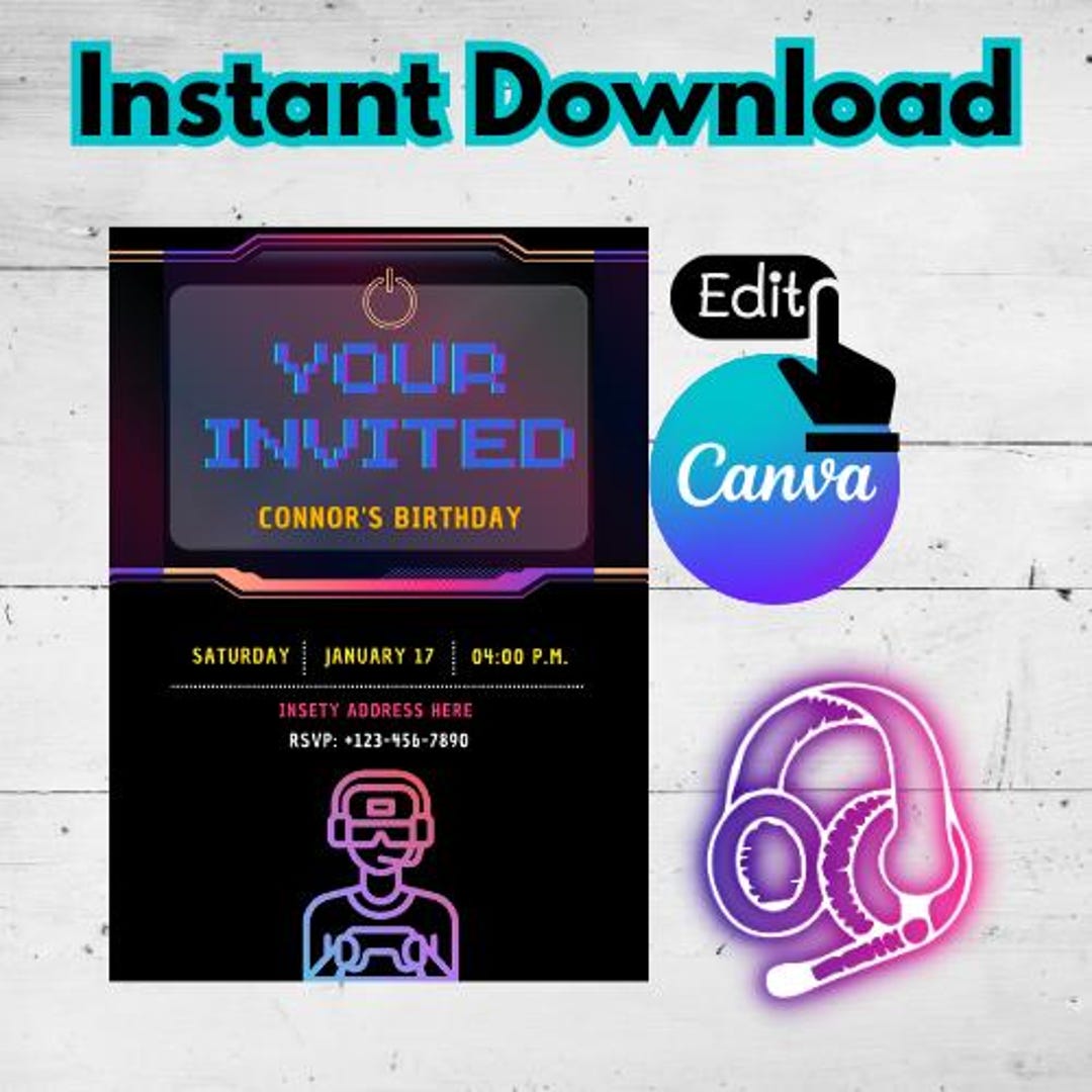 Editable Neon Gaming Birthday Invitation | Gamer Party Invite | Instant ...