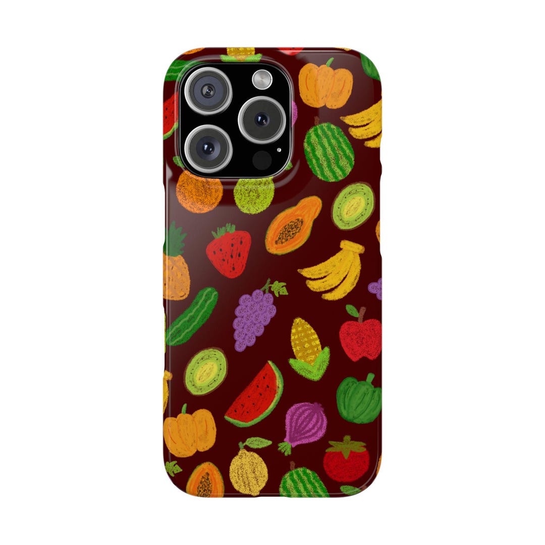 Playful Fruit and Veggie Pattern Slim Phone Case for iPhone 16, 15, 14 ...