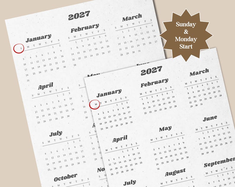 2027 Year At-a-glance Printable Calendar, Minimalist PDF, Sunday and ...