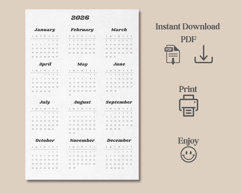 2026 Year at a Glance Calendar Printable | Full Year One Page | US ...