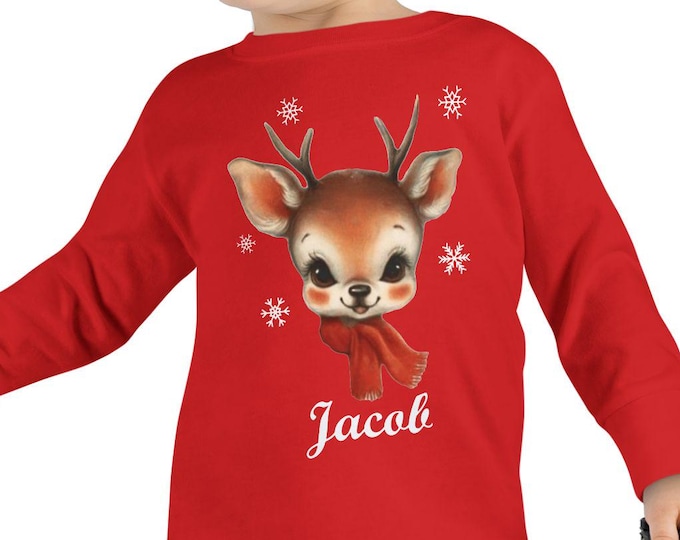 Custom Reindeer Christmas Long Sleeve Tshirt, Personalized Kids Holiday ...
