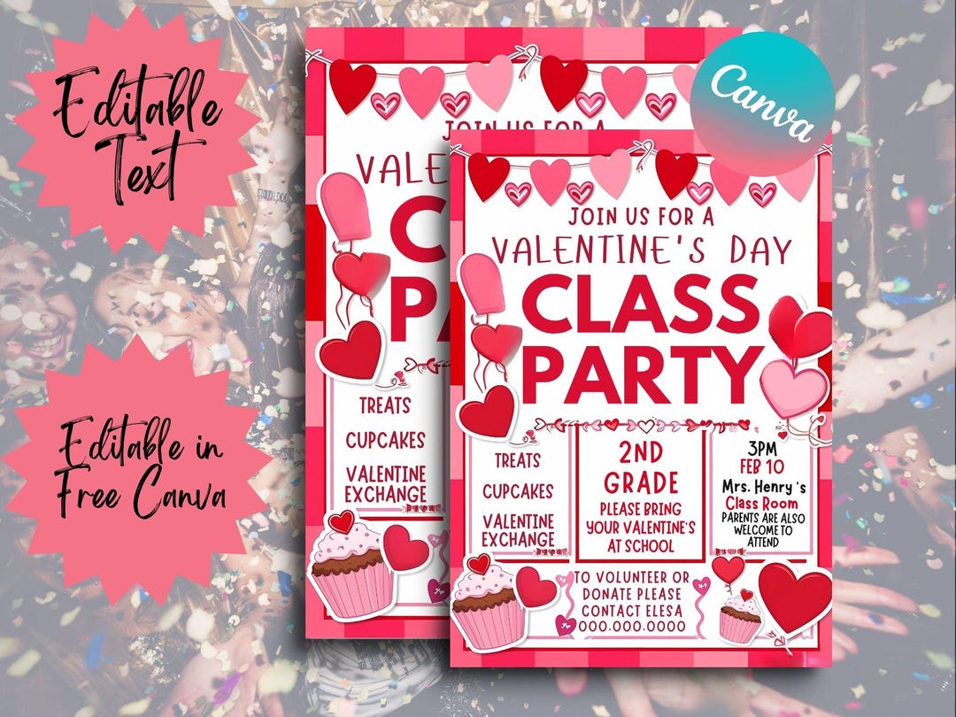 Editable Valentines Class Party Invite, Elementary School Party Flyer ...