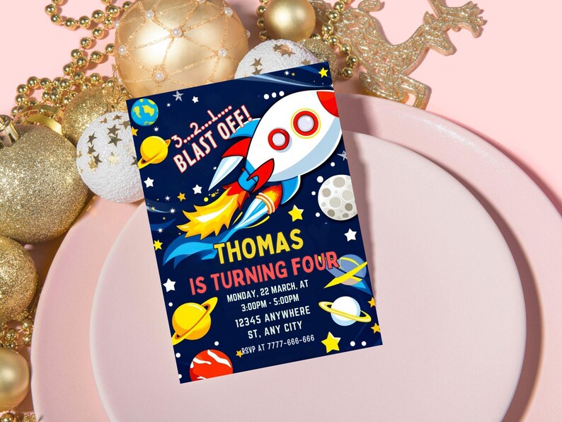 Outer Space Birthday Invitation Planets Rocket Ship Astronaut Invite ...
