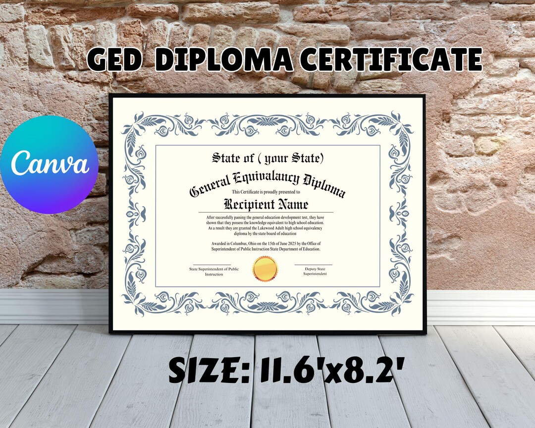 GED Diploma Certificate With Seal, Canva Template, Certificate ...