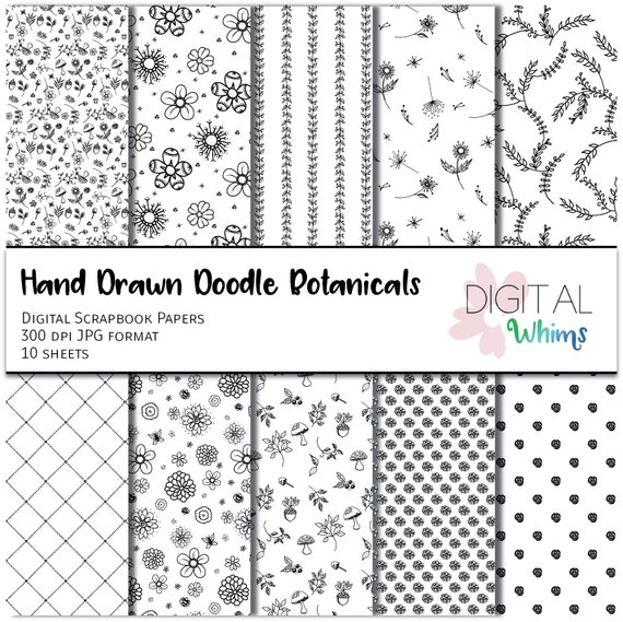 Hand Drawn Doodle Botanicals Digital Paper Pack 14 Printable | Etsy