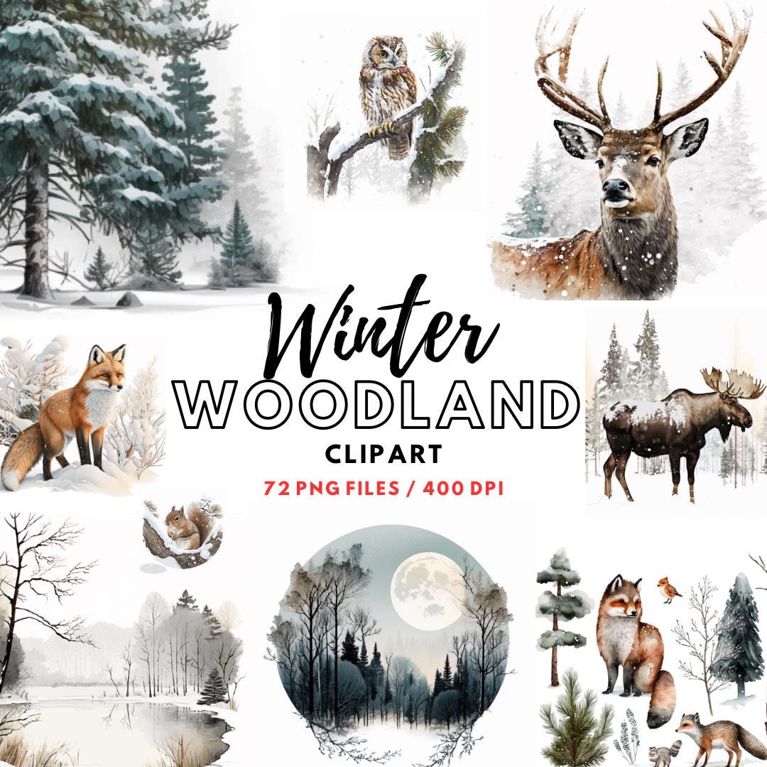 Winter Woodland Clipart, Watercolor, Animals in the Woods, Cabin ...