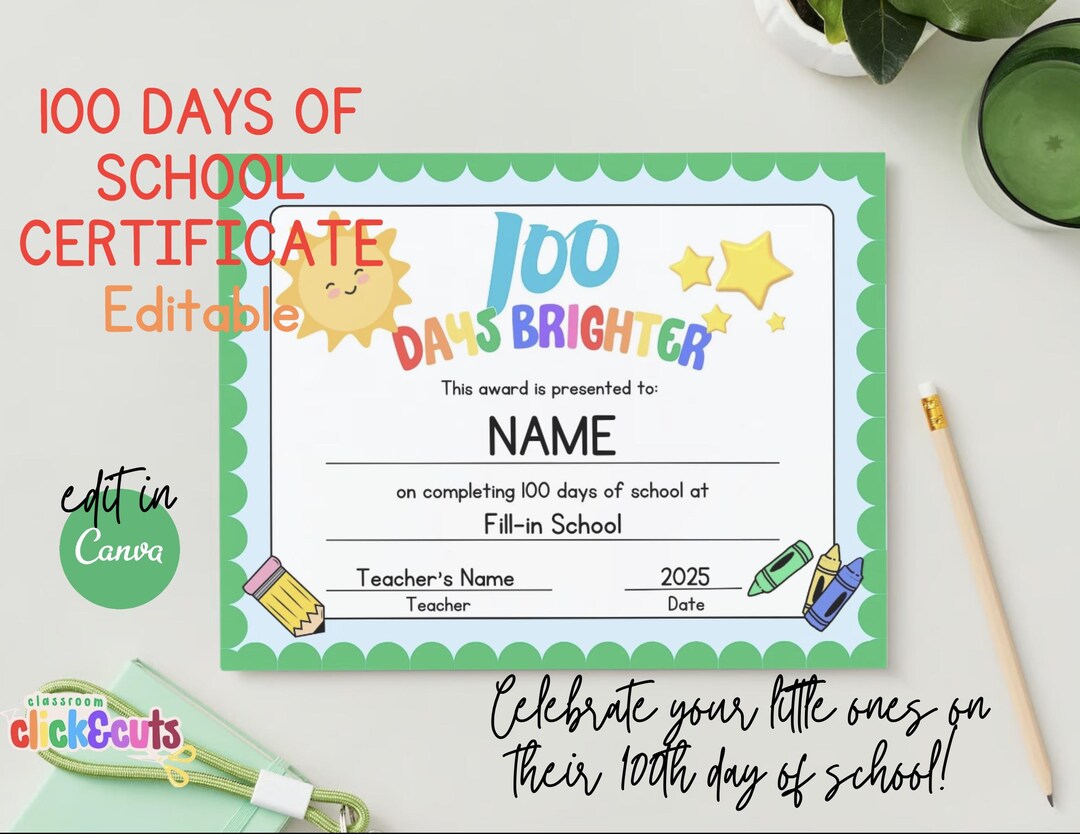 100 Days of School Certificate | Editable in Canva | PDF | Printable ...