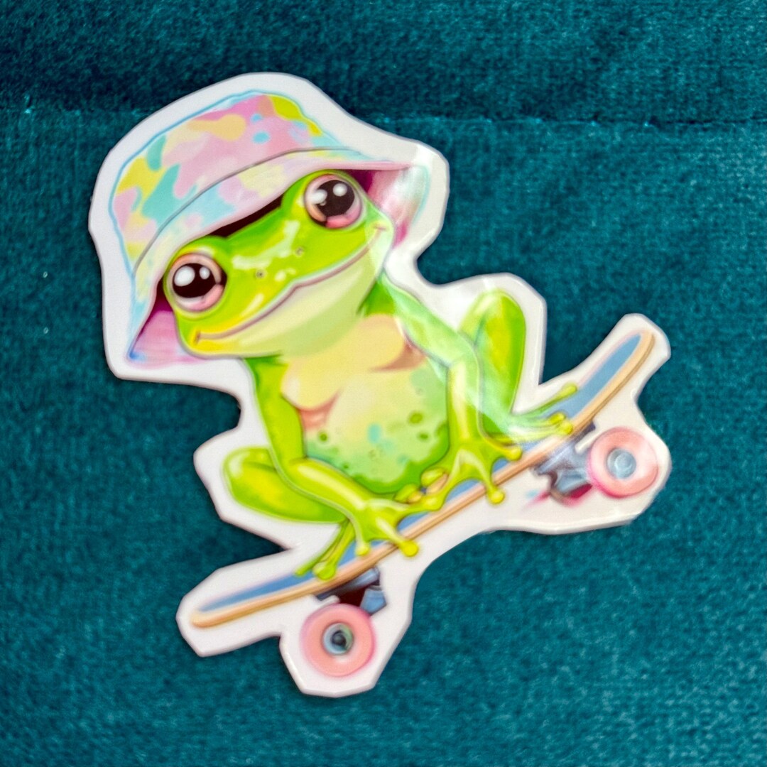 Cool Frog Sticker - 2 Inch Vinyl Skateboard Frog With Bucket Hat ...