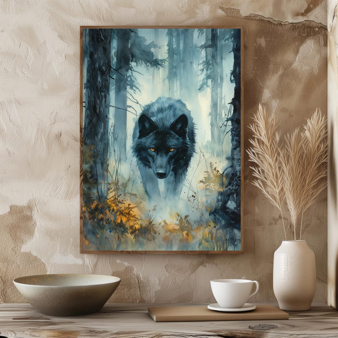 Framed Watercolor Wolf Wall Art, Vintage Animal Lovers Print, Modern ...