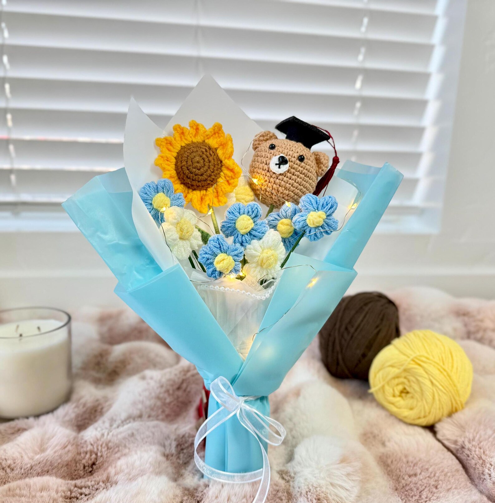 Graduation Bouquet Crochet Flowers Blue Daisies Crochet, Graduation ...