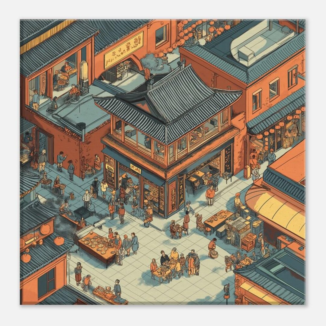 Colorful Chinese Restaurant Courtyard Canvas Art - 12x12 Home Decor ...