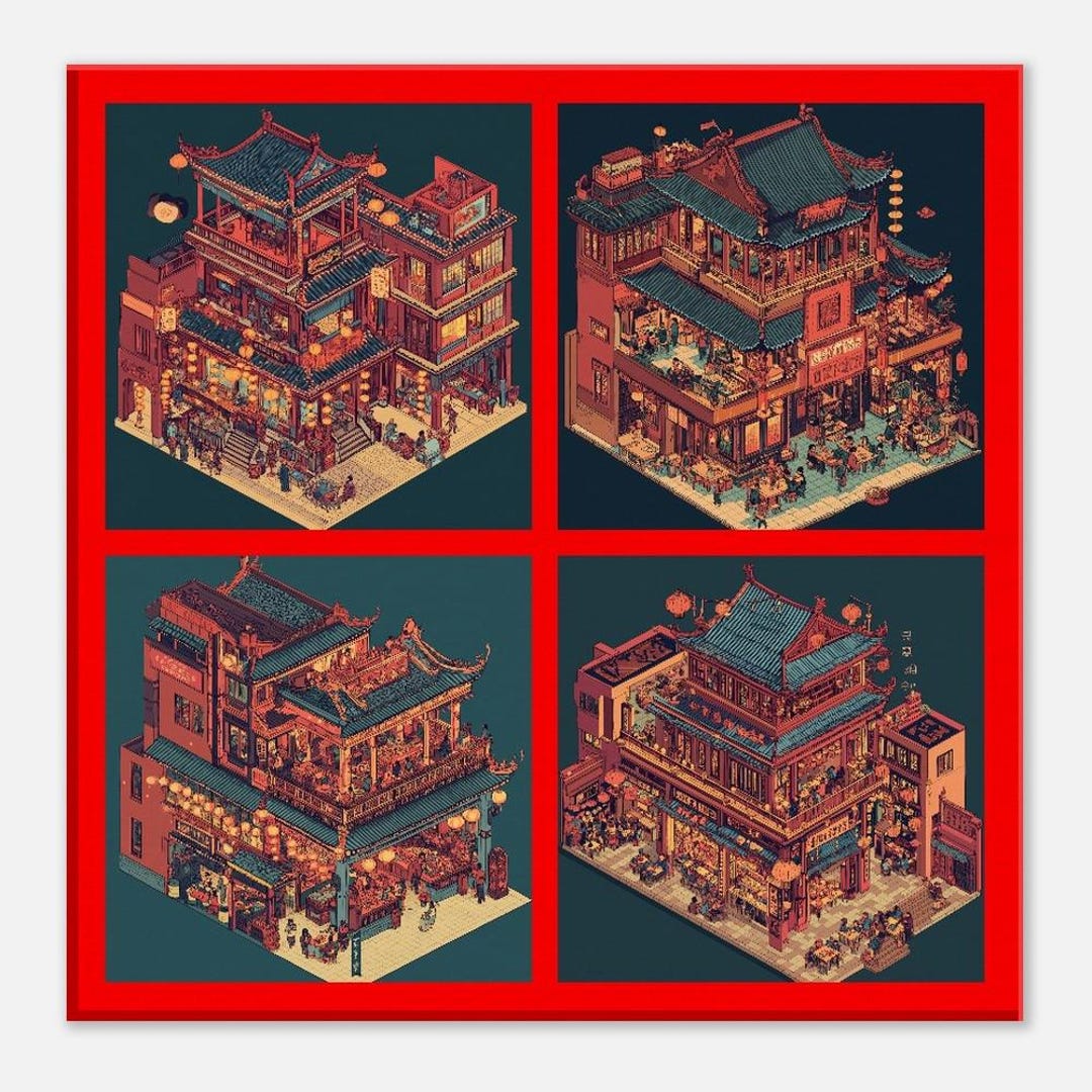 Colorful Chinese Restaurant Courtyard Canvas Art - 12x12 Lunar New Year ...