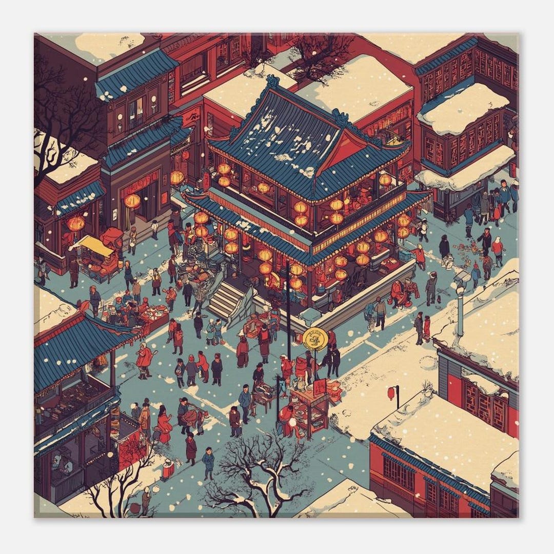 Colorful Chinese Restaurant Courtyard Canvas Art - 12x12 Lunar New Year ...