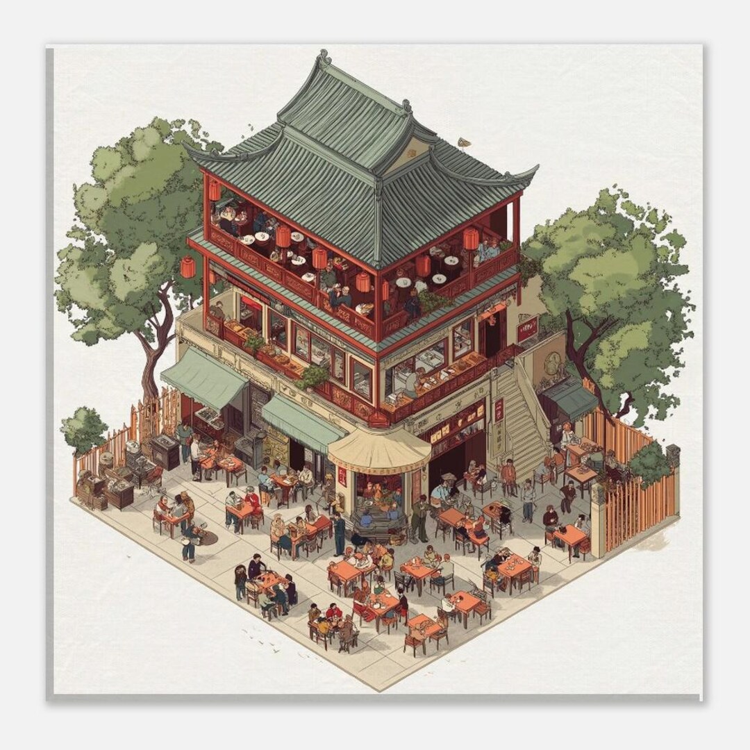 Colorful Chinese Restaurant Courtyard Canvas Art - 12x12 Home Decor ...