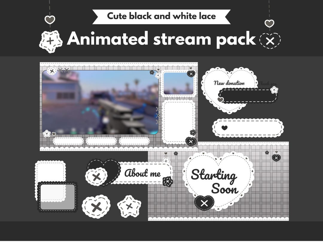 Lace Stream Overlay Pack: Black and White Kawaii Vtuber Theme (digital ...