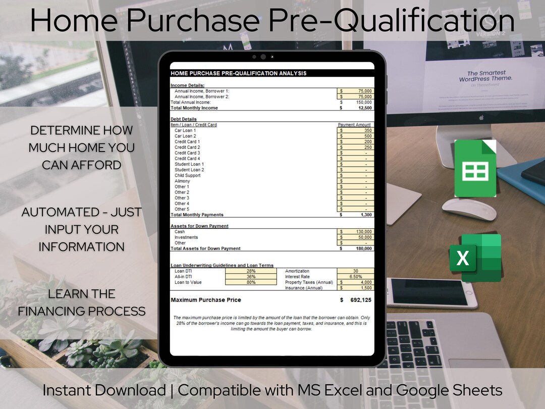 Home Purchase Pre-qualification Analysis | Home Buying Spreadsheet ...