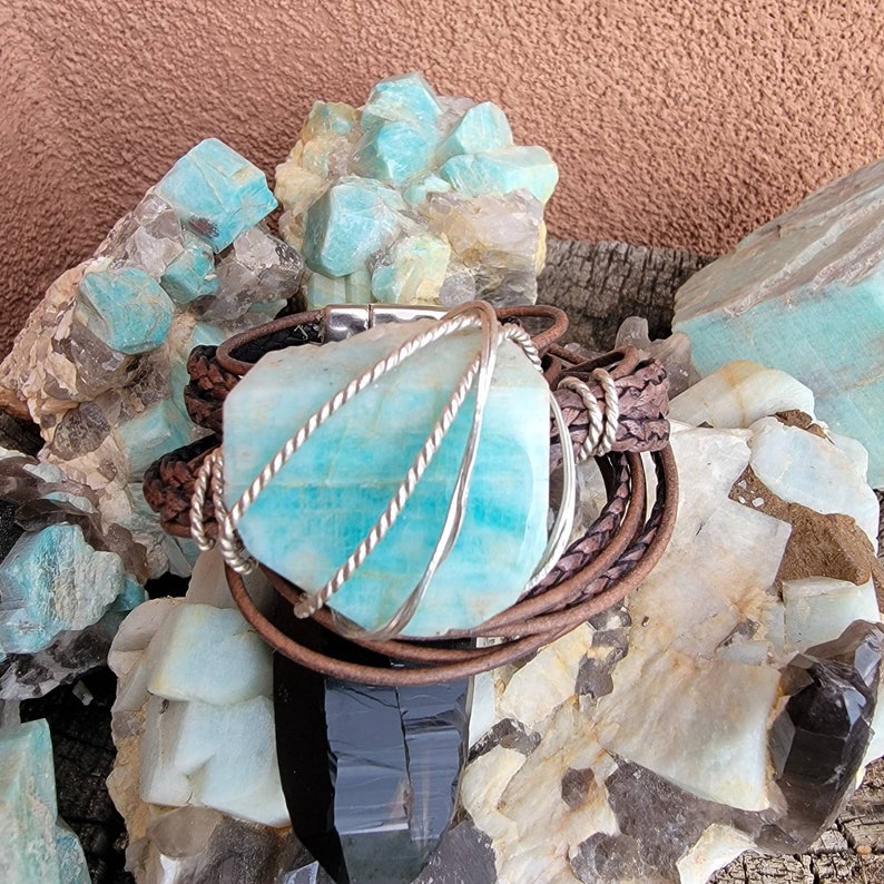 Distressed Leather Stone Cuff, Amazonite and Leather Cuff Bracelet ...