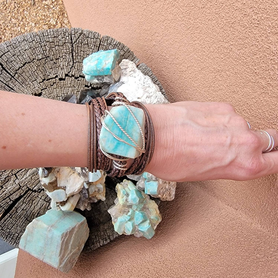 Distressed Leather Stone Cuff Amazonite and Leather Cuff - Etsy
